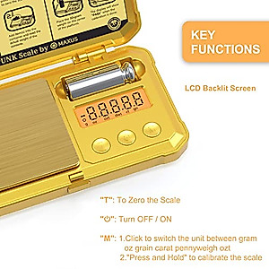 MAXUS Steampunk Digital Scale 200g x 0.01g Precision with 50g Calibration Weight. Golden, Skull-Embossed, Backlit LCD, Stainless Steel Platform for Food or Items.