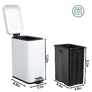 1.3 Gallon- Rectangular Small Steel Step Trash Can Wastebasket,Stainless Steel Bathroom Slim Profile Trash Can,5 Liter Garbage Container Bin for Bathroom,Living Room,Office and Kitchen,White