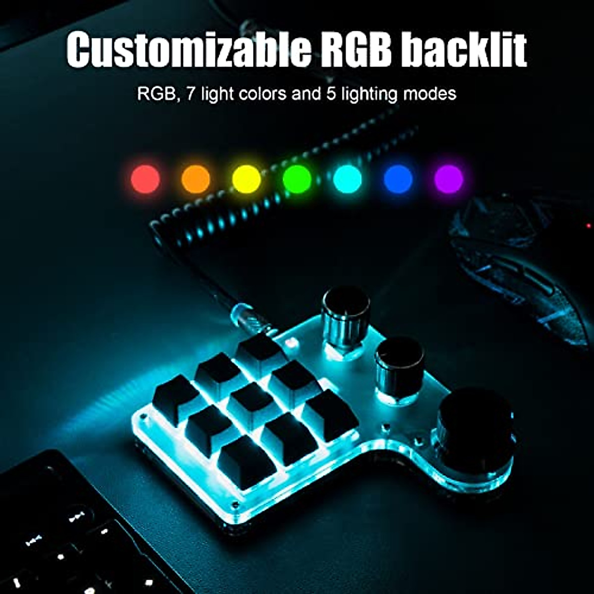 Naroote Mini Gaming Keyboard, 3 Knobs Customized Mini Keyboard 9 Keys RGB Backlit 1200 MAh for Gaming (Black)