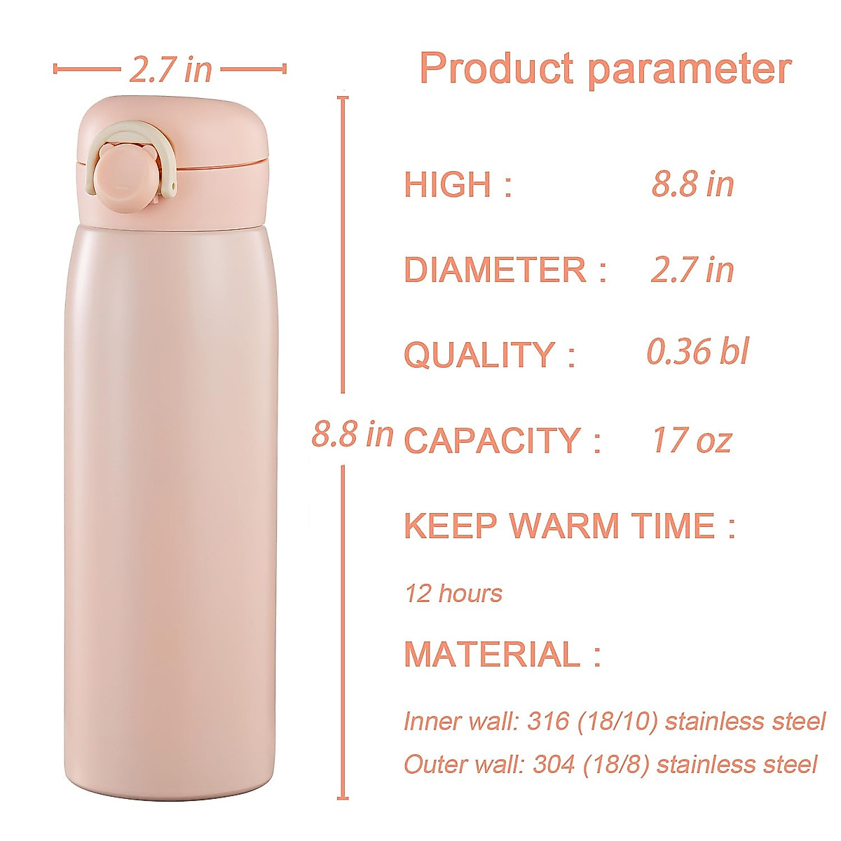 Jocoiot 17 oz Water Bottle Stainless Steel Thermos - Insulated Vacuum, Leak Proof, Keeps Drinks Hot/Cold - Ideal for Coffee, beverage, Water - Pink