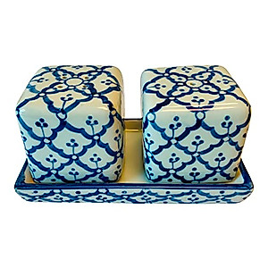 Square Salt and Pepper Shakers on Tray Porcelain Blue and White