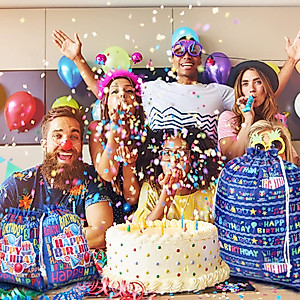 Chapou 4 Pcs Large Blue Happy Birthday Drawstring Gift Bags Reusable Fabric Wrap Bags 20 Inch Large 12 Inch Medium Birthday Treat Bags for Birthday Baby Shower Child's Gender Reveal Party