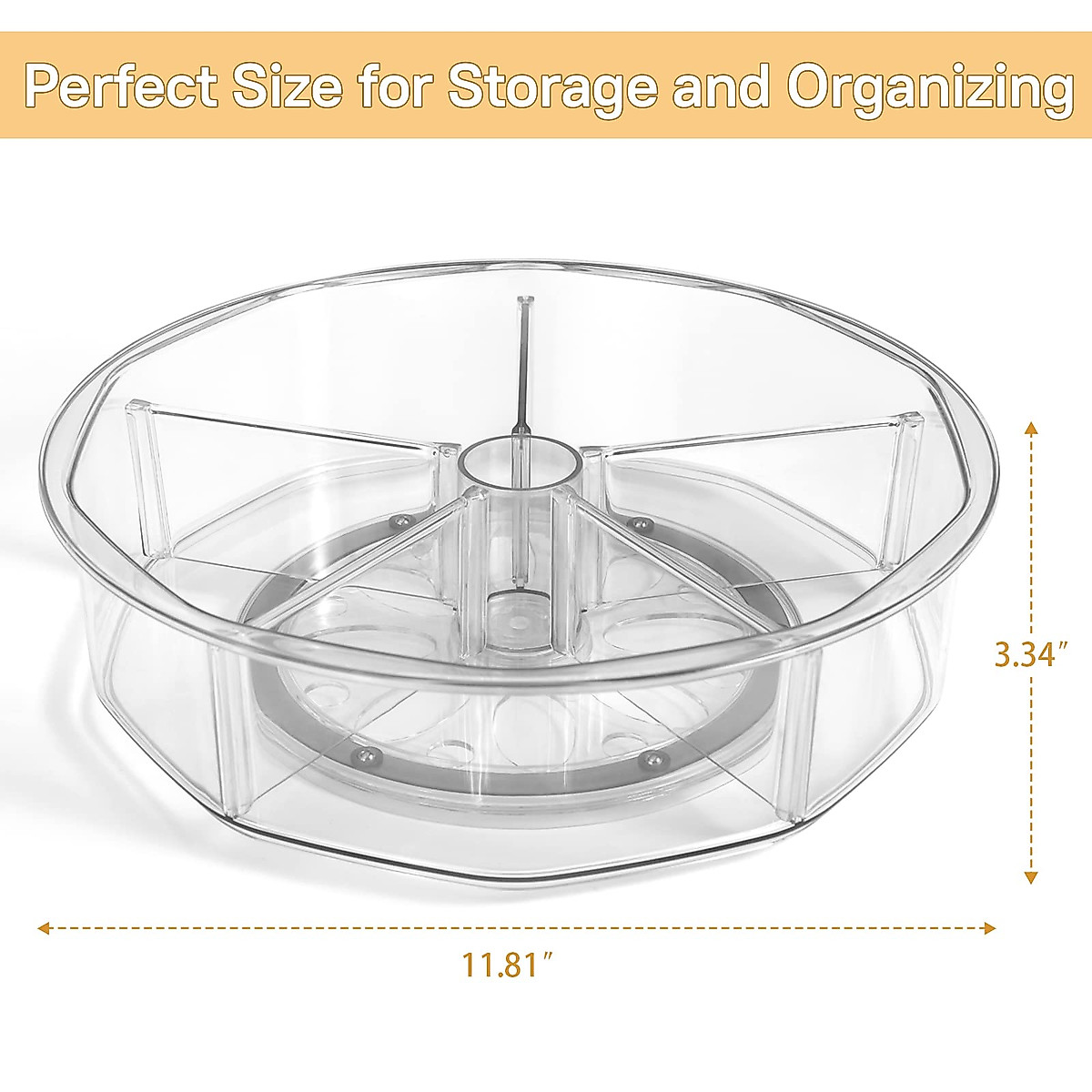 Lazy Susan Organizer for Cabinet, Round Turntable Organizer with 5 Dividers Pantry Plastic Clear Storage for Fridge Living Room Kitchen Spice Rack Foods Cosmetics Perfumes Organization