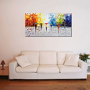 100% Hand-painted Abstract Landscape Wall Art People Walking Modern Oil Painting