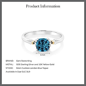 Gem Stone King 925 Sterling Silver and 10K Yellow Gold 6MM Cushion Cut Gemstone Birthstone Engagement Ring | Wedding Anniversary Promise Ring For Women | Available In Size 5, 6, 7, 8, 9