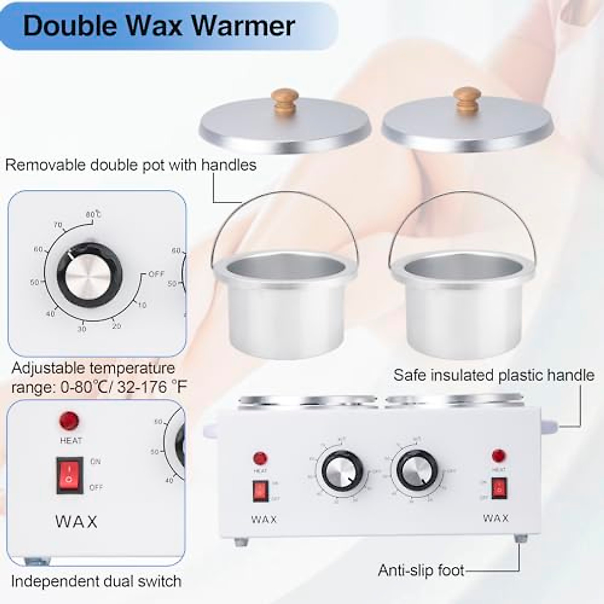 Double Wax Warmer Double Wax Pot Professional for Hair Removal, Electric Wax Heater Machine Dual Wax Pot Warmer Professional With Adjustable Temperature for Facial,Skin,Body,Spa, and Salon