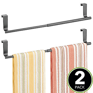 mDesign Adjustable, Expandable Over Kitchen Cabinet Towel Bar Rack - Hang on Inside or Outside of Doors, Hold Hand, Dish, Tea Towels - Customizable to 17" Wide, Omni Collection - Matte Black