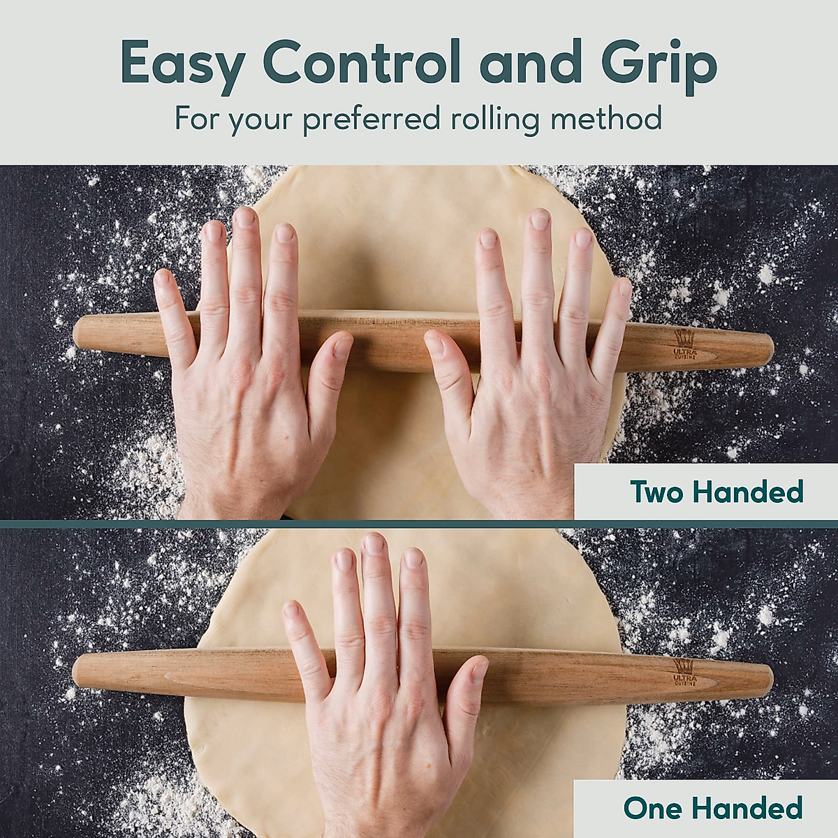 Ultra Cuisine French Rolling Pin for Baking - Dough Roller and Fondant Roller - Wood Rolling Pin for Ravioli, Pastry, Dough, Dumpling, Tortilla, Bread, & Pasta - Tapered Wooden Rolling Pin (17.75")