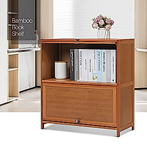 MoNiBloom Bamboo 2 Tier Bookcase with Flip Doors Free Standing Book Shelf Storage Organizer Save Space for Living Room, Office, Bathroom, Kitchen, Brown