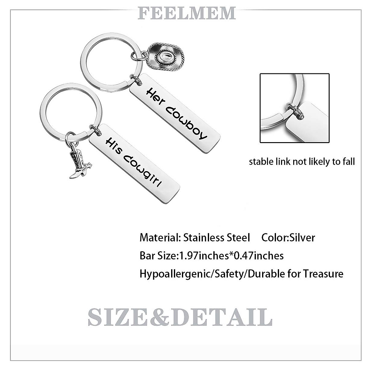 FEELMEM Western Texas Cowgirl Cowboy Hat Boot Keychain Set Her Cowboy His Cowgirl Couple Keychains Matching Set Valentines Day Boyfriend Gift Girlfriend Gift (Silver)