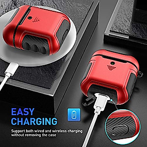 Designed for Airpods Cover Case,ORETECH Designed for Airpods 1&Airpods 2 Case Heavy Duty Hybrid 2 in 1 Protective Hard PC Rubber Carbon Fiber Cover with Carabiner for Airpods 1&2 [LED Visible]- Red