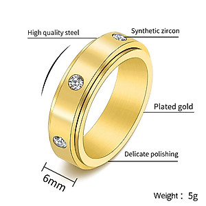 WLPCIV Stainless Steel Spinner Ring for Women Men Fidget Band Rings for Anxiety Cubic Zirconia Stones Stress Relieving Wedding Promise Rings, Gold Size 9