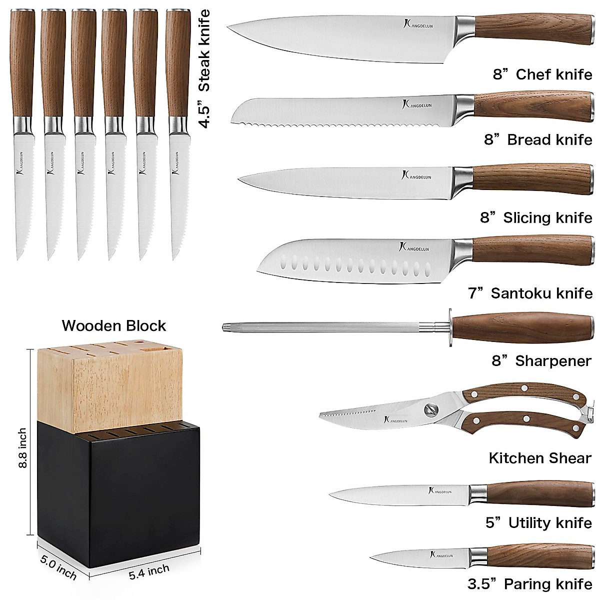 Kangdelun Natura Series 15 PCS Knife Block Set, Ultra Sharp High Carbon Stainless Steel with Wooden Handle