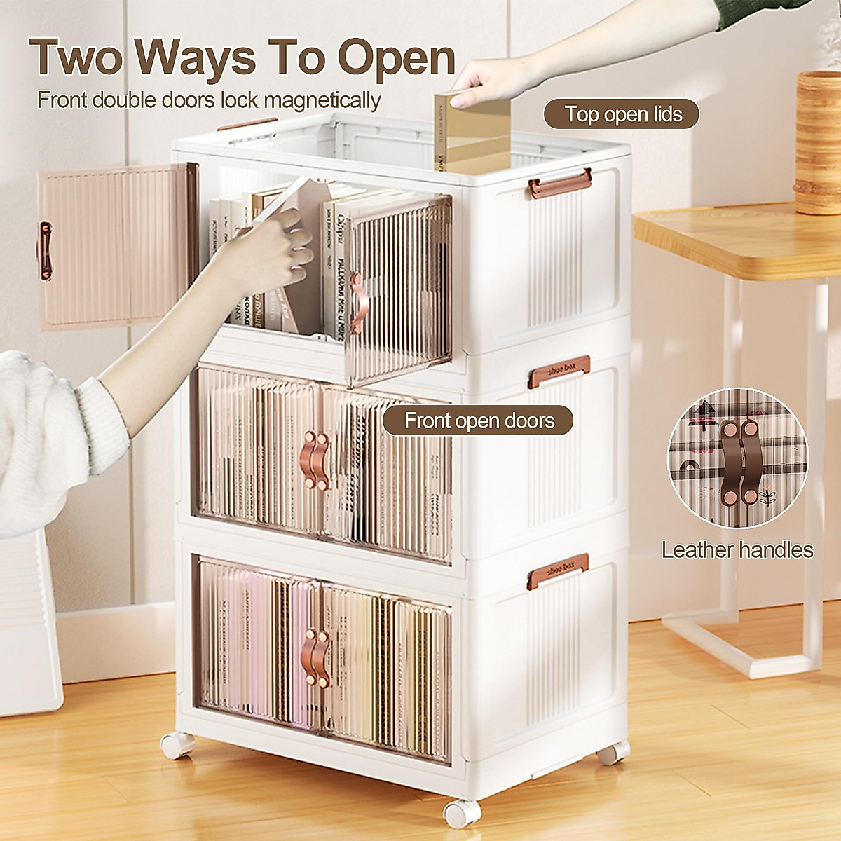 Fangtueh 15.5Gal Plastic Storage Bins with Lids, 3Pack Stackable Closet Organizers and Storage, Collapsible Storage Bins with Magnetic Doors, Folding Storage Box with Wheels for Home College Dorm Room