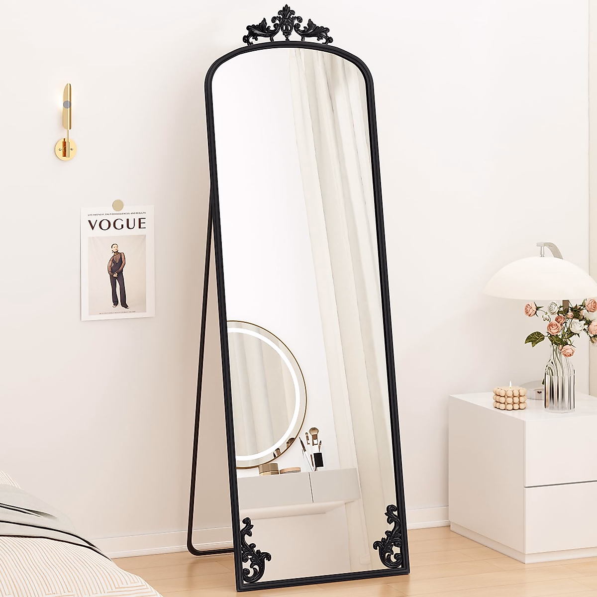AZODY Arched Mirror Full Length with Stand, 65" x 21" Black Floor Length Mirror with Carved Metal Frame, Full Body Wall Mirror for Home Decor Wedding Entryway Living Room