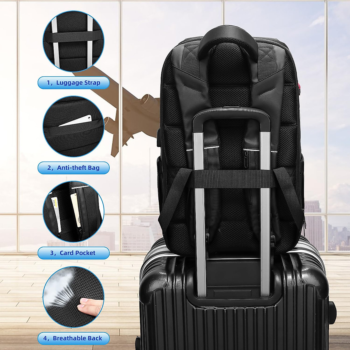 Eurcool Laptop Backpack for Men,Multifunction Business 15.6 inch Laptop Backpack,with USB Charging Port Travel Bag, Black-03, Large