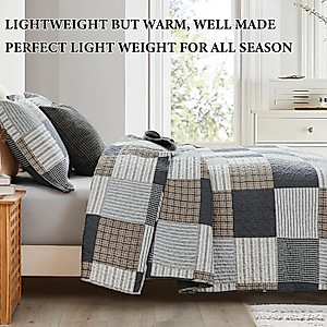 Y-PLWOMEN Quilt Set King Size, 100% Cotton Quilt Bedding Set, Patchwork Plaid Quilted Bedspread, Lightweight Reversible King Comforter Set for All Season, Grey/Brown/White/Black, 3-Pieces