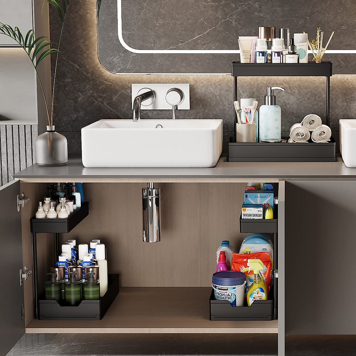 Under Sink Organizers and Storage 2 Packs, 2 Tier Pull Out Cabinet Organizer L-shaped, Sliding Under Bathroom Kitchen Sink Shelf, Multi-Purpose Organization and Storage for Bathroom Kitchen Cabinet