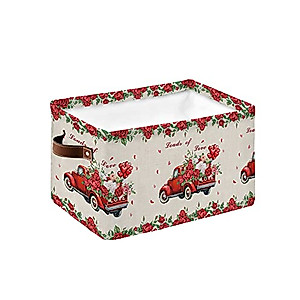 Cube Storage Bins Cloth Towel Organizer Loads of Love Watercolor Red Truck Rose Floral Print Fabric Collapsible Storage Baskets with Handles for Home Office Closet Shelves Toy Nursery 1 Pack