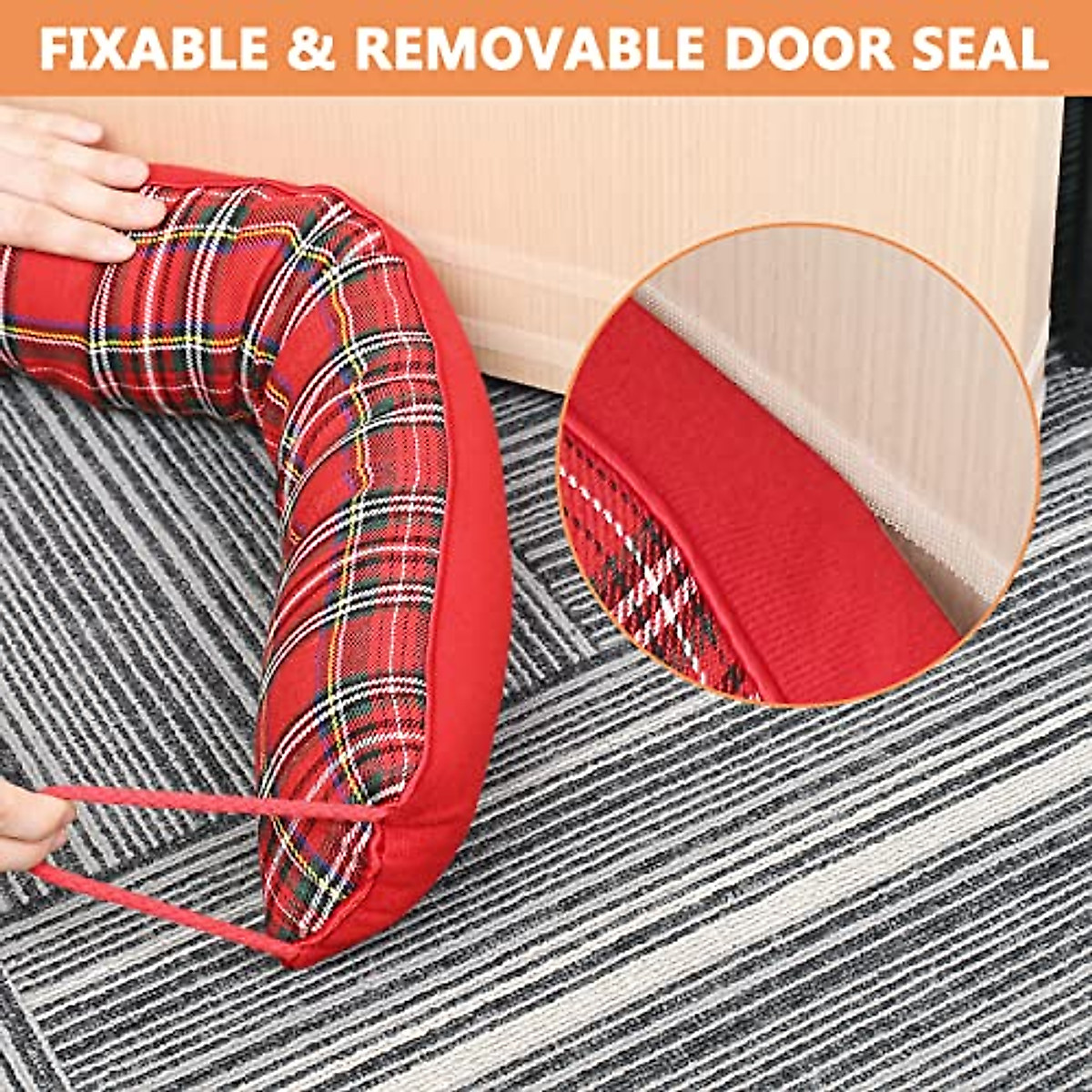 Under Door Draft Stopper 32 Inches Noise Blocker for Door Bottom Air Seal Insulation and Soundproof, Heavy Duty Weather Guard Snake Stripping,Tartan Check Red