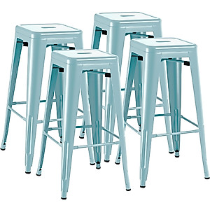 Furmax 30 Inches Metal Bar Stools Bar Height High Backless Stools Indoor Outdoor Stackable Kitchen Stools Set of 4 (Blue)