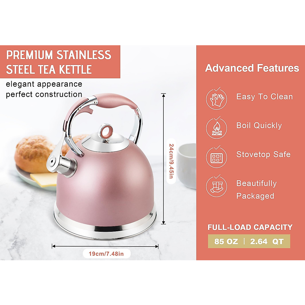 Tea Kettle - HIHUOS Whistling Tea Pots for Stove Top - Sleek 18/8 Stainless Steel Stovetop Kettle, Easy-grip Handle With Trigger Opening Mechanism, 1 Free Silicone Pinch Mitt Included (Pink 2.64QT)