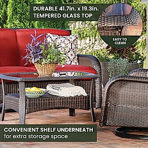 Hanover Strathmere Outdoor 4-Piece Conversation Set w/ Loveseat, 2 Swivel Chairs, Thick Red Cushions, 4 Accent Pillows and a Glass-Top Coffee Table, Patio Conversation Set for Backyard, Deck, Porch