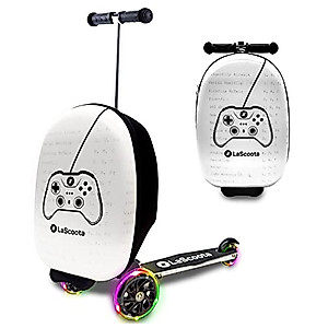 Lascoota Scooter Suitcase, Foldable Scooter Luggage For Kids - Lightweight Kids Ride on Luggage Scooter, LED Lights - Video Game Graphic Suitcase Scooter, Ride On Suitcase for Kids Ages 4-8