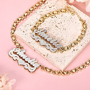 Jewelry Set Custom Name Necklace Name Bracelet Personalized Double Plated Name Necklace Unisex Nameplate Necklace with XOXO Chain Customized Jewelry Set for Women Men