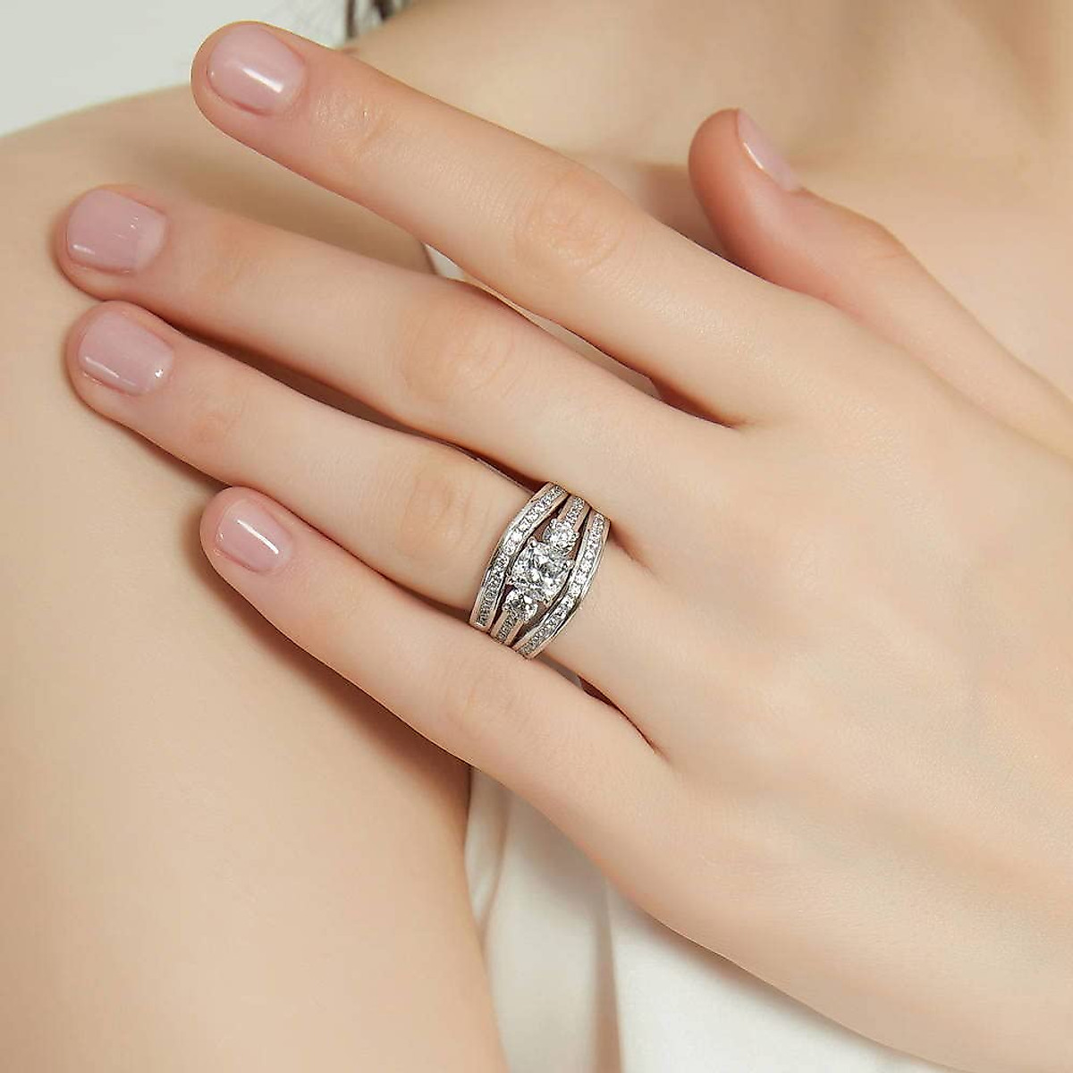 BERRICLE Sterling Silver 3-Stone Wedding Engagement Rings Cushion Cut Cubic Zirconia CZ Ring Set for Women, Rhodium Plated Size 6.5