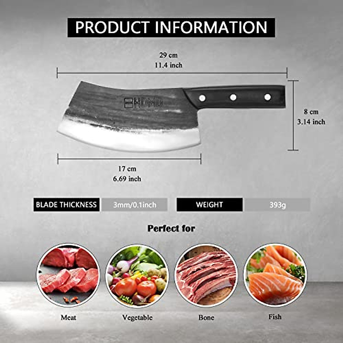 HDMD Cleaver Knife Meat Cleaver Knife for Meat Cutting, Real Hand Forged Knife High Carbon Steel Knife, Butchers Knife Meat Knife for Home and Outdoor Camping, BBQ