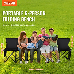 VEVOR Portable Folding Bench, 6 Seats Foldable Sideline Bench, Outdoor Camping Bench Chair with Carry Bag & Backrest, Team Sport Sideline Bench for Football Fishing, No Assembly Instant Seating, Black