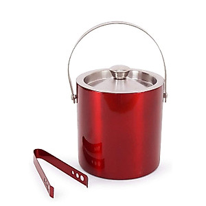 King International Stainless Steel Double Walled Insulated Red Ice Bucket with Lid & Handle, 1.75 LTR 84 Quarts, Ice Tong, Keeps Ice Cold for 6 Hours, Bar Tools for Home Bar Accessories, Mini Bar
