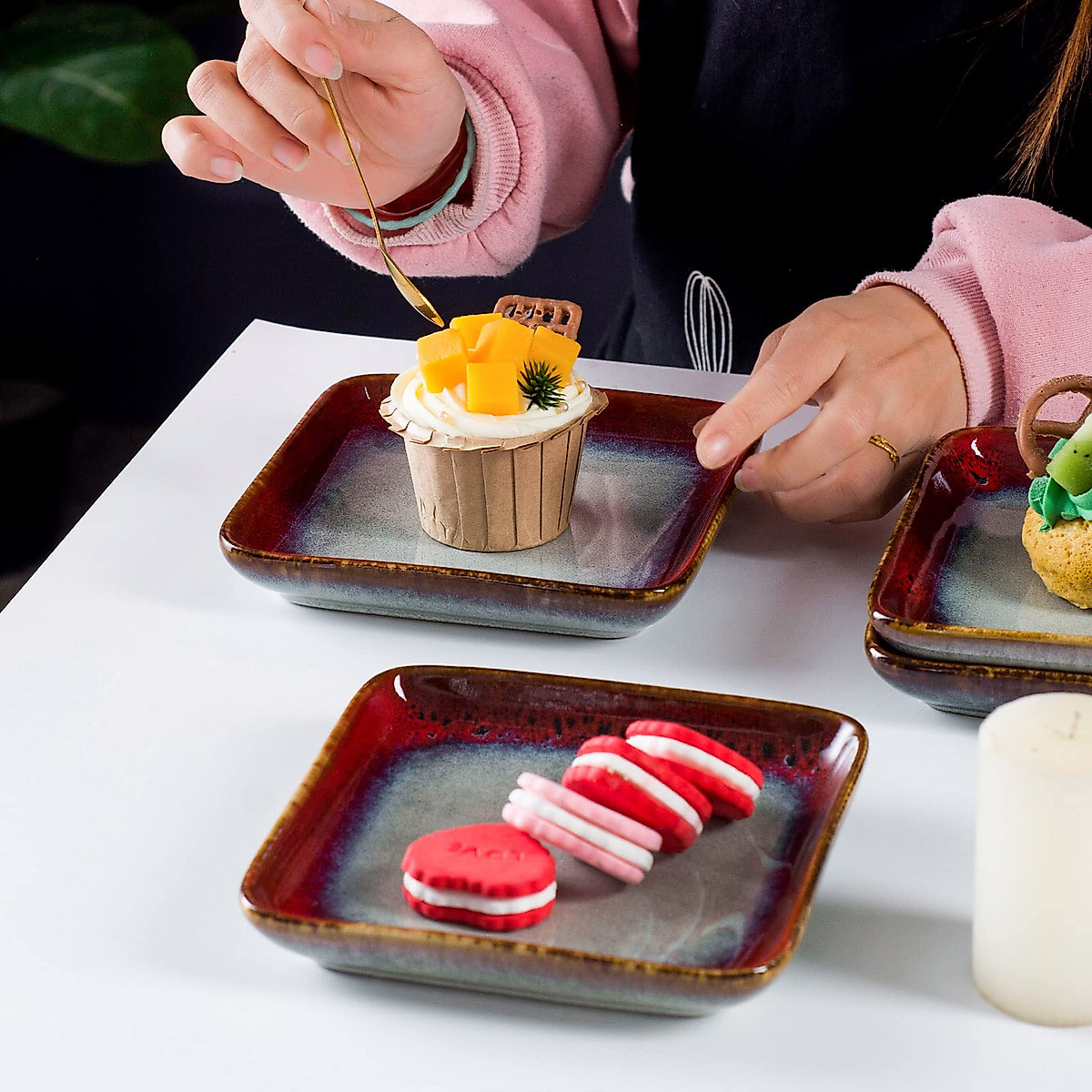 Ceramic Square Plate Sets - Dessert, Appetizer, Snack, Small Dinner Plate Scratch Resistant, Porcelain Serving Side Dish 6.3 Inch Microwave & Oven, Dishwasher Safe - Set of 4, Reactive Red