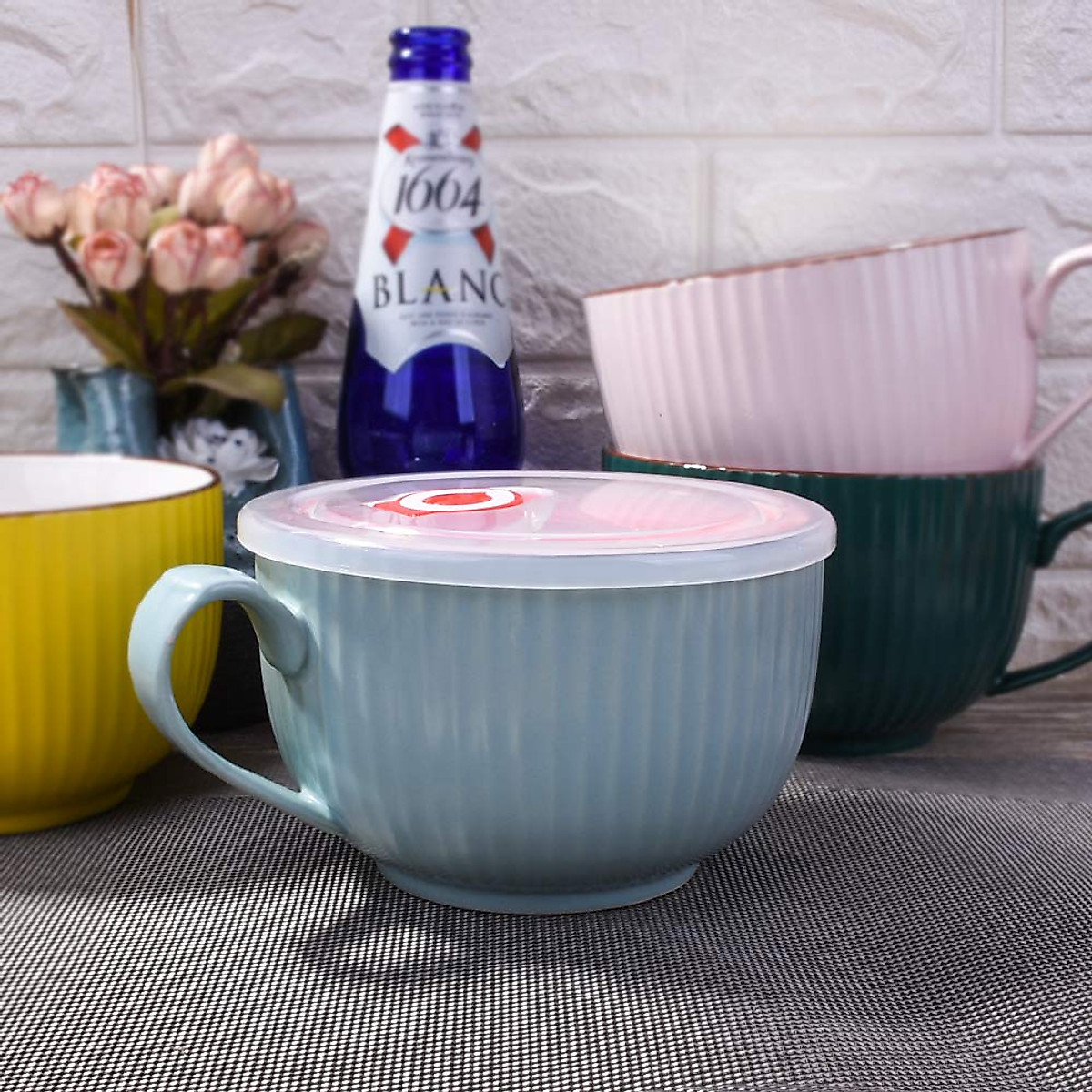 BOSILI Ceramic Soup Bowls with Handles Microwave Safe Bowl with Lid Microwavable Soup Mug with Lid Large Soup Cups for Ramen Noodle Cereal