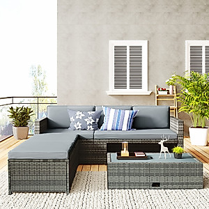 Brabrety 4 Pieces Outdoor Patio Furniture Sets,All-Weather PE Wicker Sectional Sofa Set with Retractable Table,Conversation Set for Backyard, Free Combination