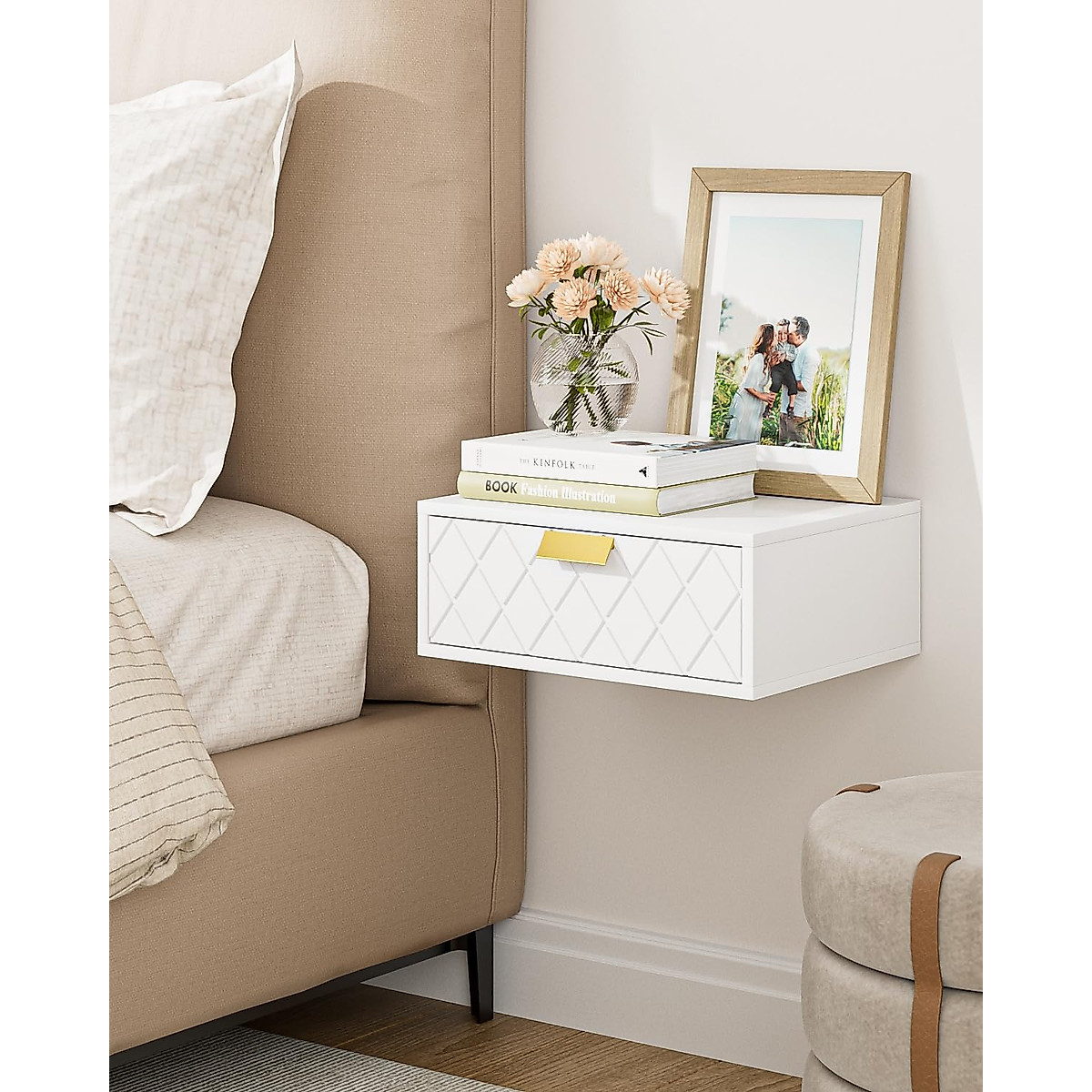 Aobafuir Floating Nightstand Shelf with Drawer, Small Modern Wall Mounted Nightstand, Shelves for Bedroom, White Diamond