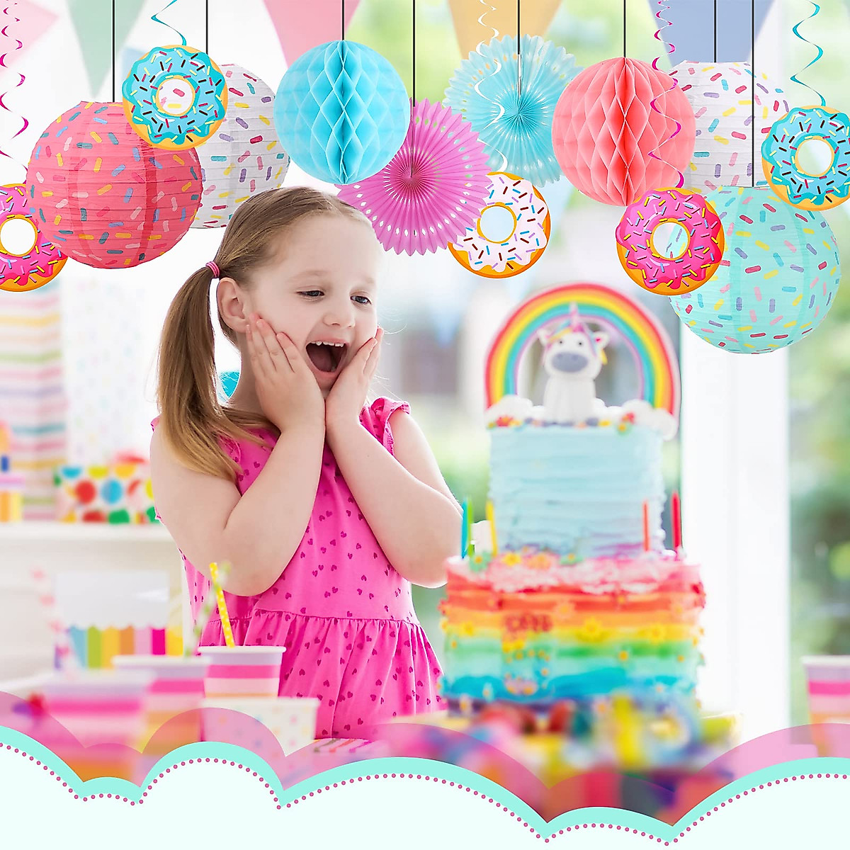 20 Pcs Donut Birthday Party Decorations, 8 Pcs Donut Lanterns Sprinkle Hanging Paper Lanterns, Honeycomb Ball, 2 Pcs Party Paper Fans, 10 Pcs Donut Hanging Swirl for Baby Shower Ice Cream Party