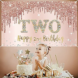 2nd Birthday Banner Backdrop Decorations for Girls, Rose Gold Happy 2 Year Old Birthday Sign Party Supplies, Pink Second Birthday Poster Background Photo Booth Props Decor