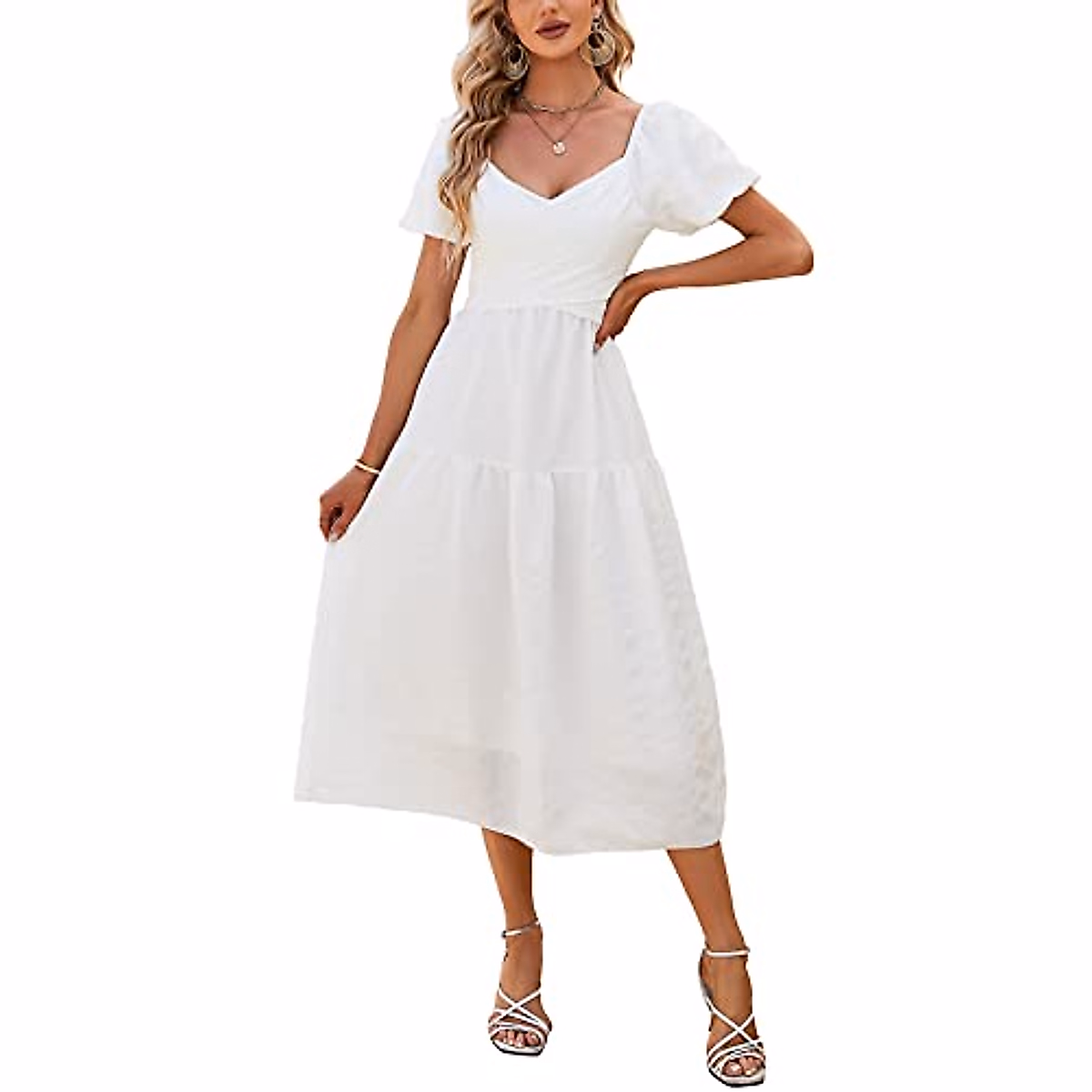 ANNA&CHRIS Womens Summer Puff Sleeve Midi Dress A Line V Neck High Waist Tie Back Smocked Tiered Boho Wrap Dresses White L