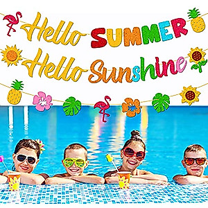 Hello Summer Hello Sunshine Banner for Summer Hawaiian Tropical Flamingo Pineapple Sunflower Beach Theme Holiday Happy Birthday Wedding Bachelorette Engagement Bridal Shower Party Supplies Glitter Decorations
