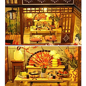 SYW Japanese Style Retro Villa Miniature Dollhouse with Furniture, DIY Miniature Dollhouse Kit with LED Light, 1:24 Scale Creative Room for Birthday Xmas Gift