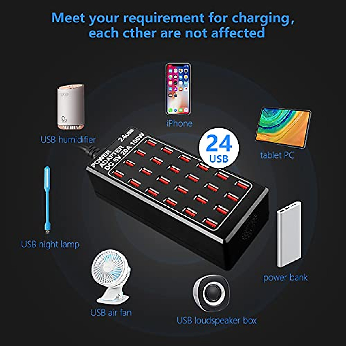 24-Port 100 watt (20 A) USB Charging Station, Home Desktop USB Fast Charger, Multiple USB Desktop Chargers, Suitable for Hotels, Shops, Schools, Shopping malls and Travel
