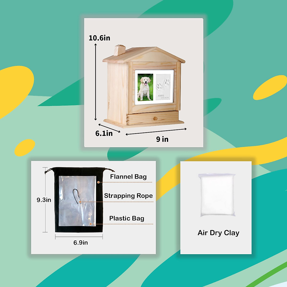 MonJolly Pet Urn, Wood Cremation Box with Photo Frame and Pawprint Clay for Personalized Urns. Memorial Keepsake for Ashes of Dogs, Cats, Small Animals. Bag for Ashes Included. Pet Memorial Gift.