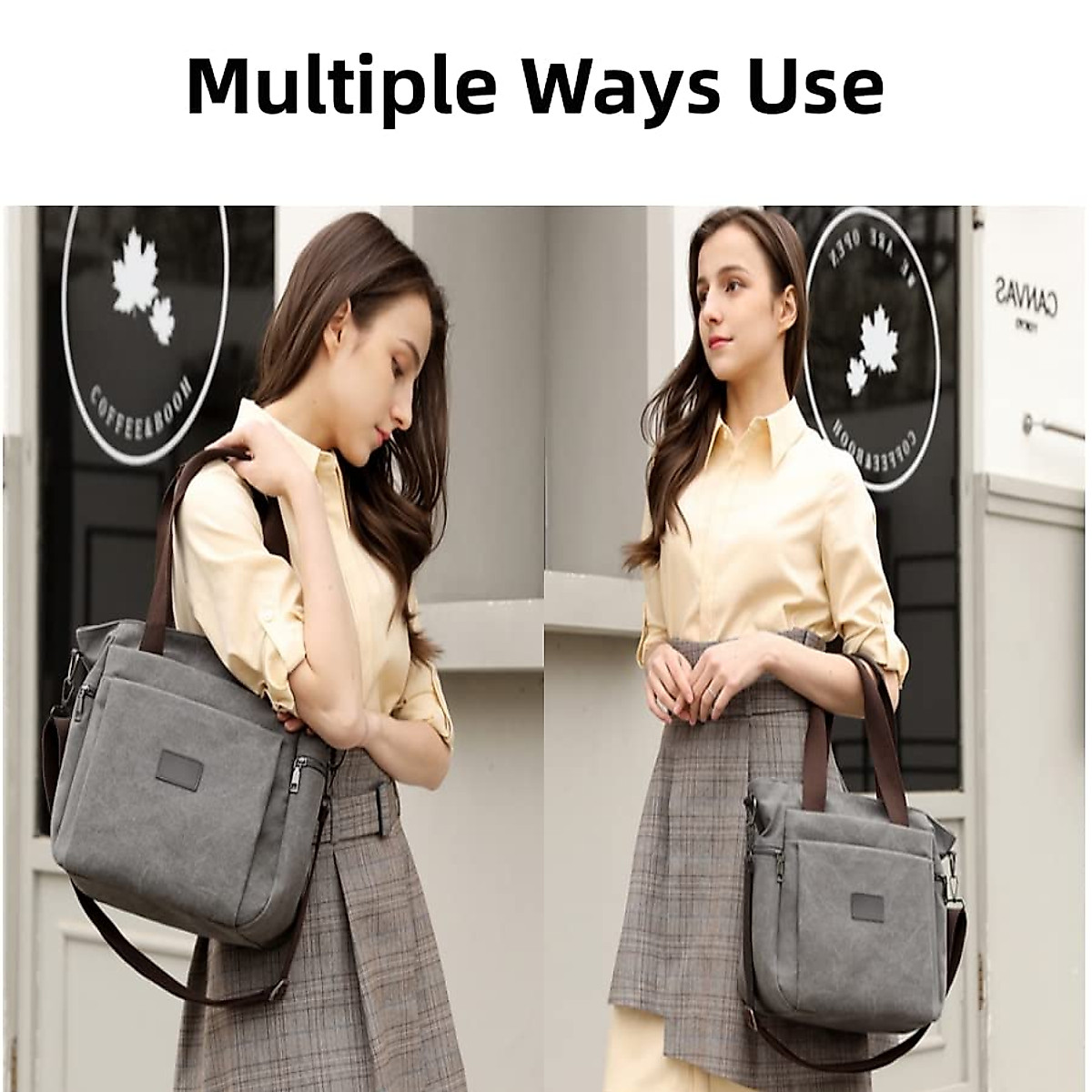 Women's Canvas Tote Bag, Work Handbag with Multi Pockes Fashion Shoulder Purse Causal Canvas Crossbody Bags, Grey