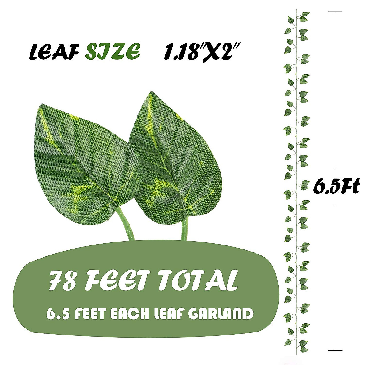 Flojery 78Ft 12pcs Silk Artificial Ivy Vine Hanging Leaves Plant Greenery Decor Party Home Garden Wedding Wall Decor (Scindapsus)