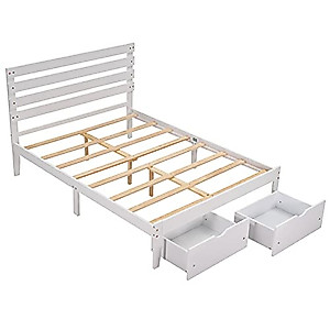 Full Bed with Drawers,Wood Bed Frame with Headboard and Footboard Mattress Foundation Wood Bed Platform for Boys, Girls, Kids, Young Teens and Adults,White