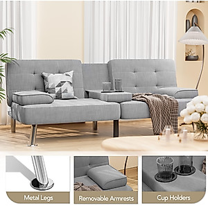 Shahoo Modern Linen Upholstered Convertible Folding Futon Sofa Bed with Removable Armrests, Metal Legs, 2 Cup Holders for Living Room, Light Grey