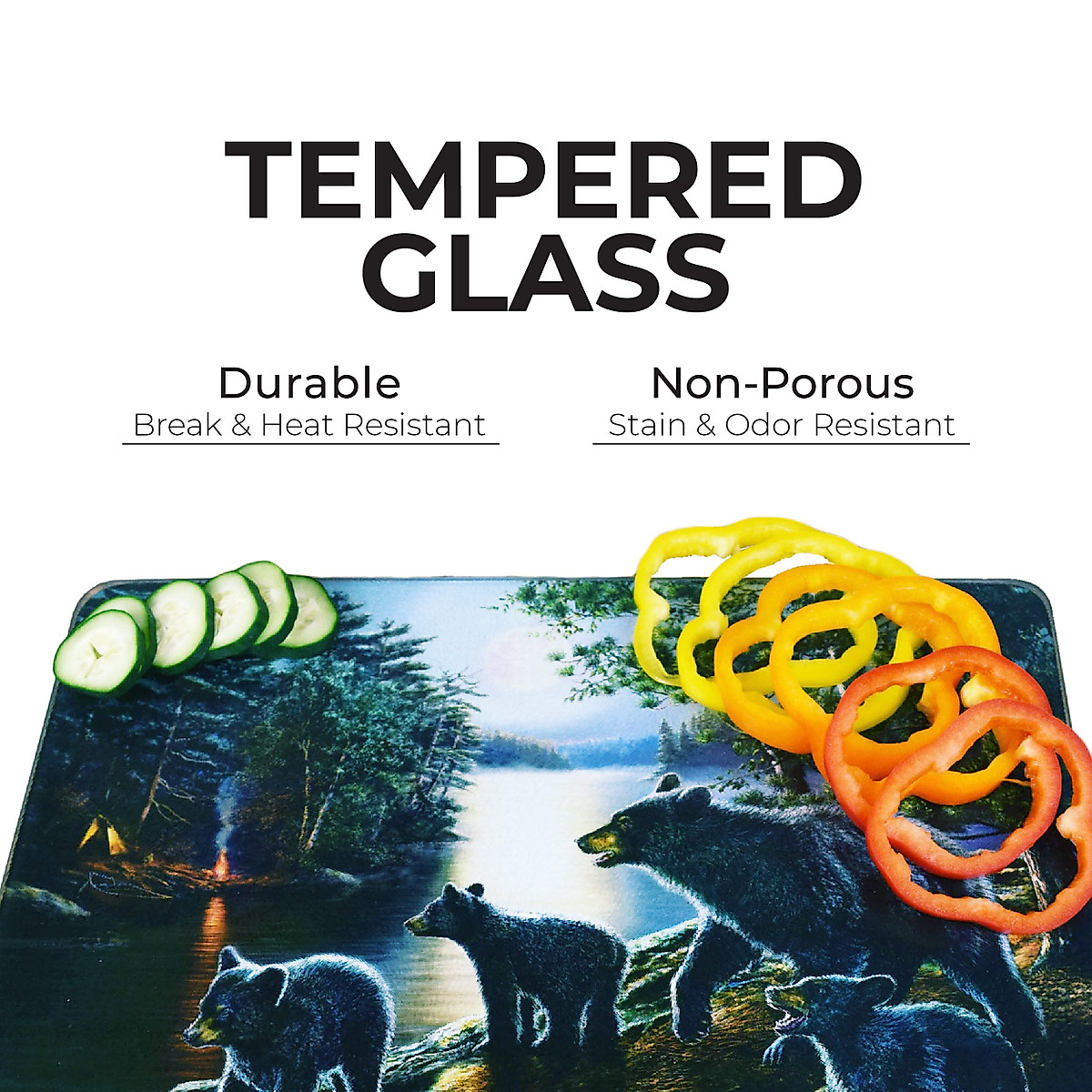 Rivers Edge Products Large 12in x 16in Decorative Tempered Glass Cutting Board, Hypoallergenic, Non Slip, Textured Surface Chopping Board for Kitchen, Black Bear