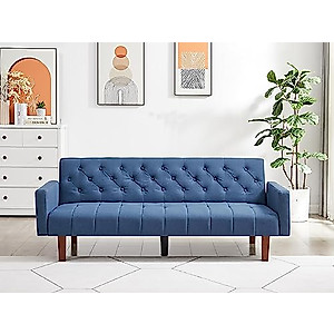 Blue, Linen, Convertible Double Folding Living Room Sofa Bed (Eucalyptus Wood Frame)